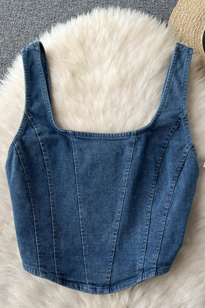 Denim Design Women Camisole Square Neck Zipper High Street Fashion ...