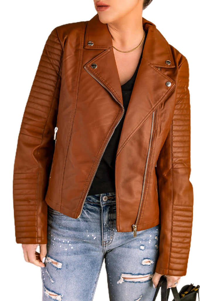 Brown Ribbed Seam Detail Faux Leather Zipped Motorcycle Jacket – Orro Shop
