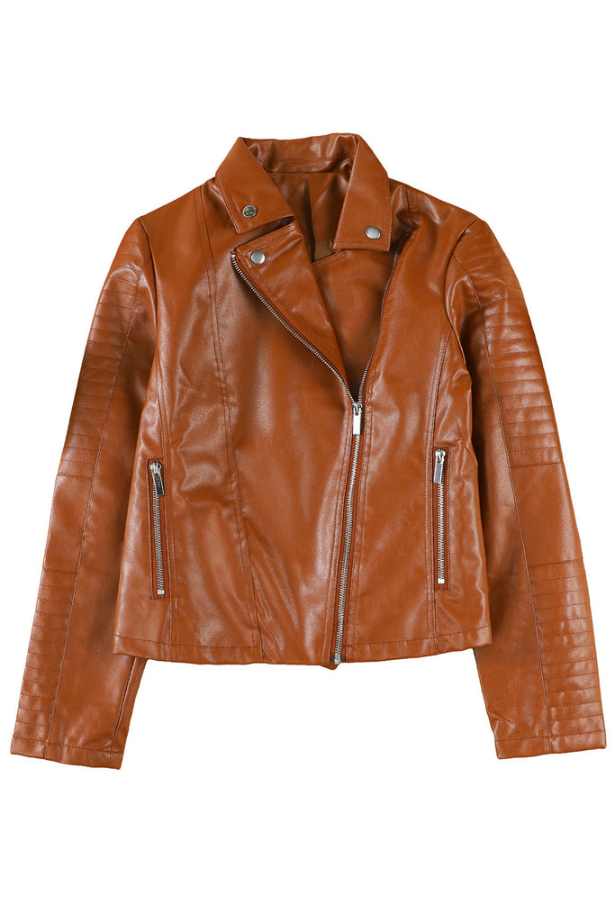 Brown Ribbed Seam Detail Faux Leather Zipped Motorcycle Jacket – Orro Shop
