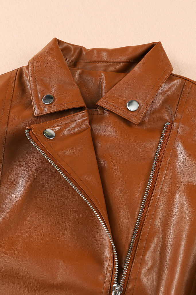 Brown Ribbed Seam Detail Faux Leather Zipped Motorcycle Jacket – Orro Shop