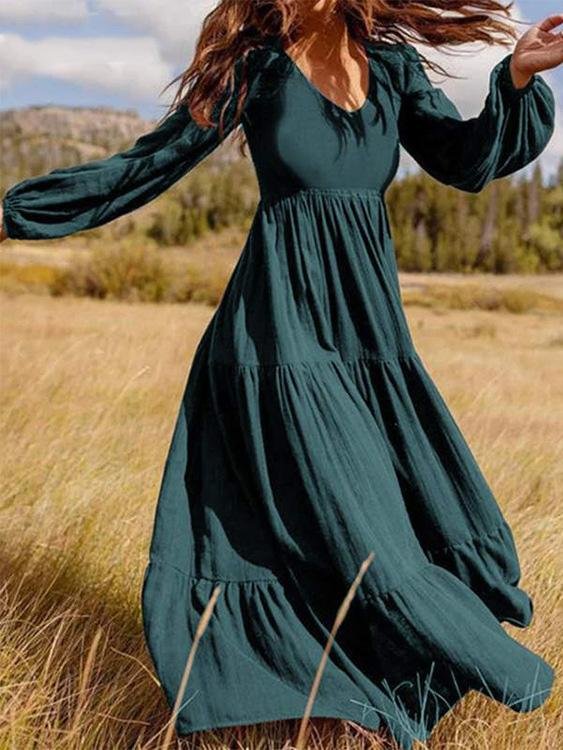 Temperament V-Neck Long Sleeve Flowy Dress – Orro Shop