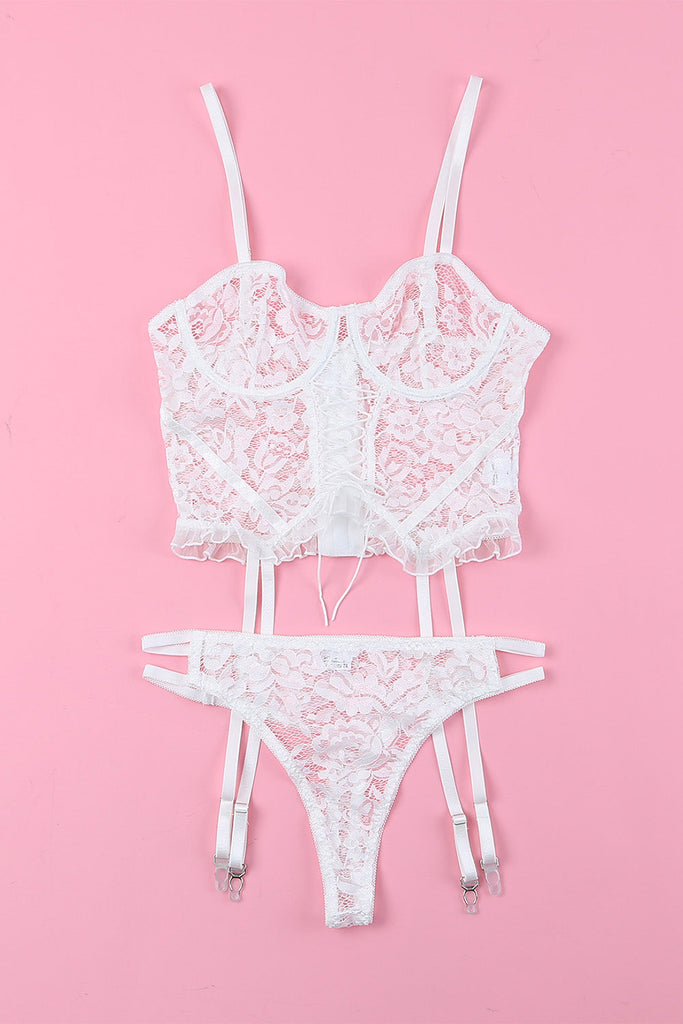 White Lace Criss Cross Lace-Up Ruffled Two-Piece Lingerie Set – Orro Shop