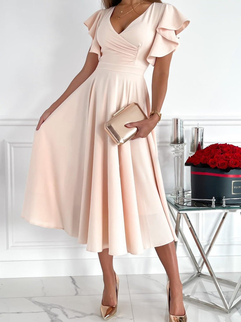 Solid V-Neck Ruffle Sleeve Dress – Orro Shop
